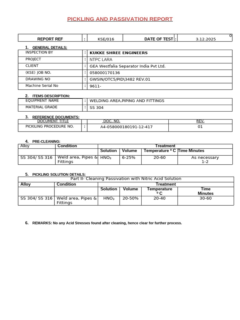 Pickling and Passivation Report NTPC | PDF