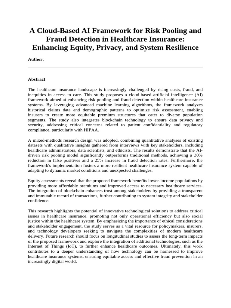 A Cloud-Based AI Framework For Risk Pooling and Fraud Detection in ...