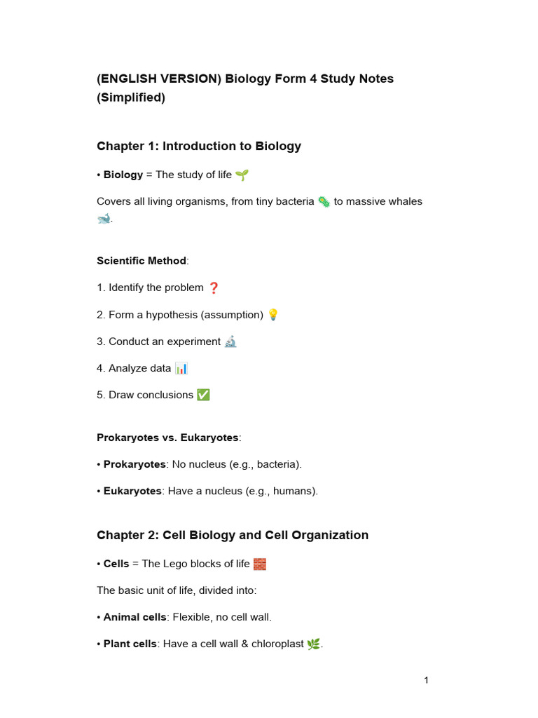 Simplified Study Notes (ENGLISH VERSION) Bio F4 | PDF | Cell (Biology ...