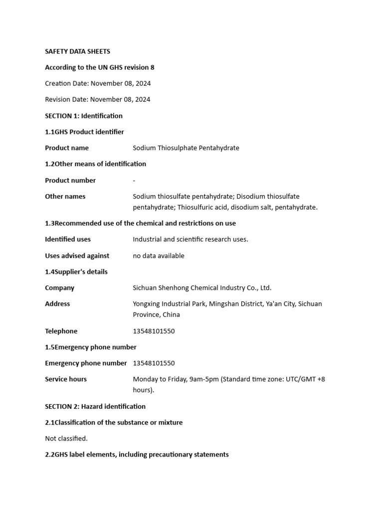 Sodium Thiosulphate Pentahydrate SDS | PDF | Dangerous Goods | Personal ...