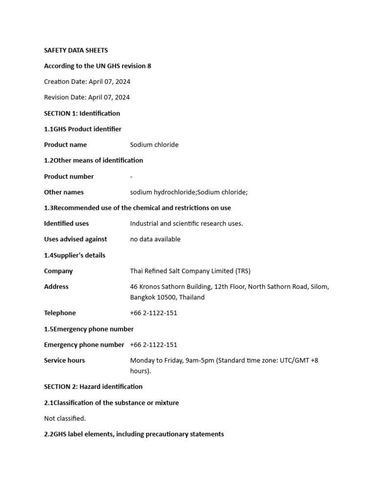 SDS - Sodium Chloride (GHS) | PDF | Personal Protective Equipment ...