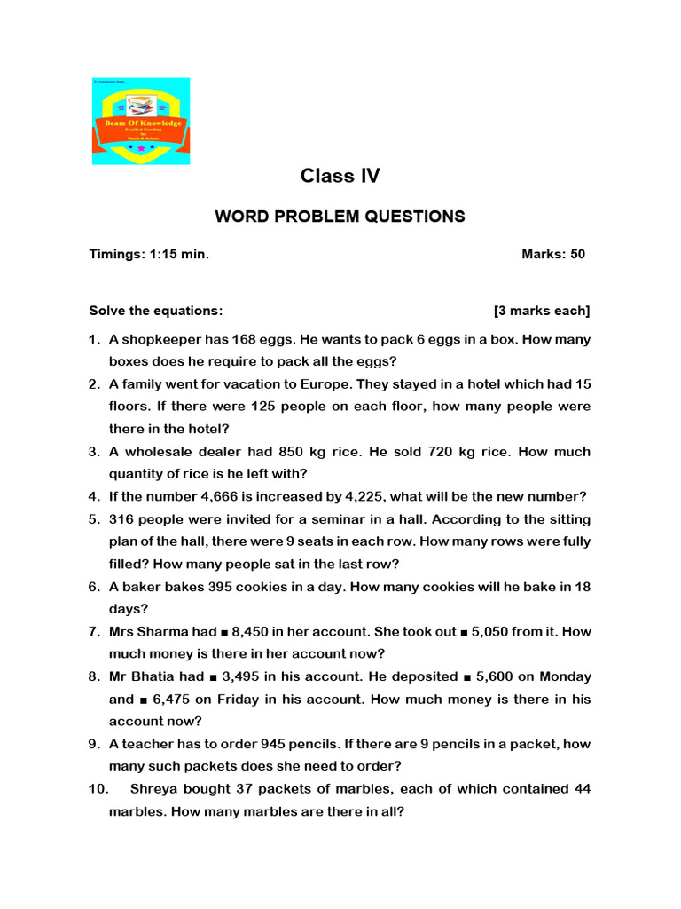 Class IV Word Problem Worksheets | PDF | Bus | Chess Openings