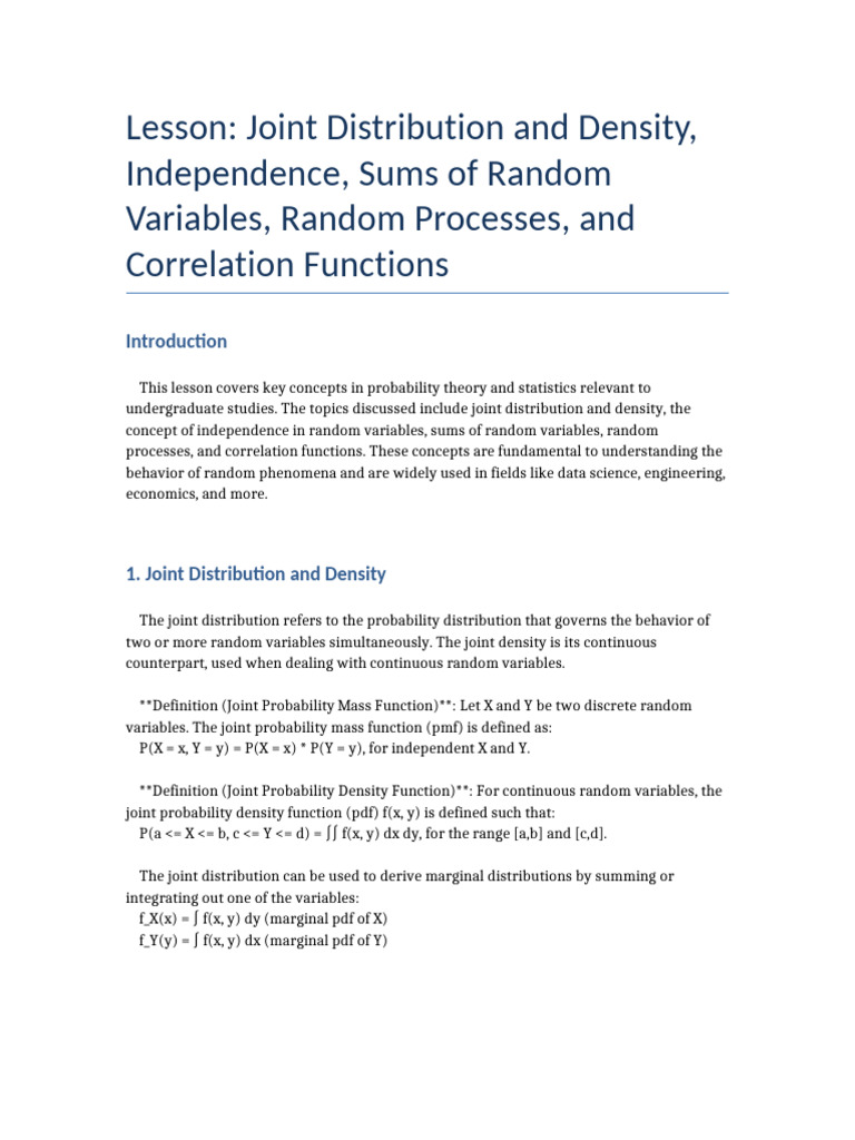 Joint Distribution and Density Lesson (1) | PDF | Probability ...
