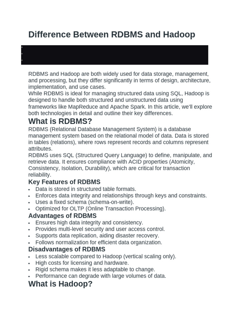 RDBMS vs Hadoop: Key Differences Explained | PDF | Relational Database ...