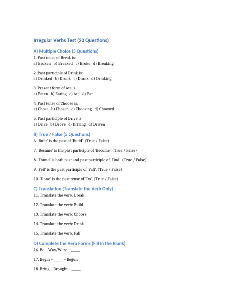Irregular Verbs Test: 20 Questions | PDF