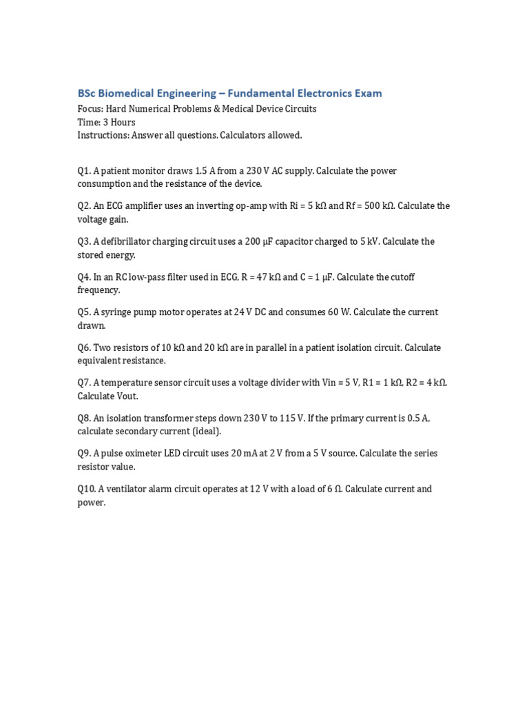 Biomedical Engineering Exam: Electronics | PDF