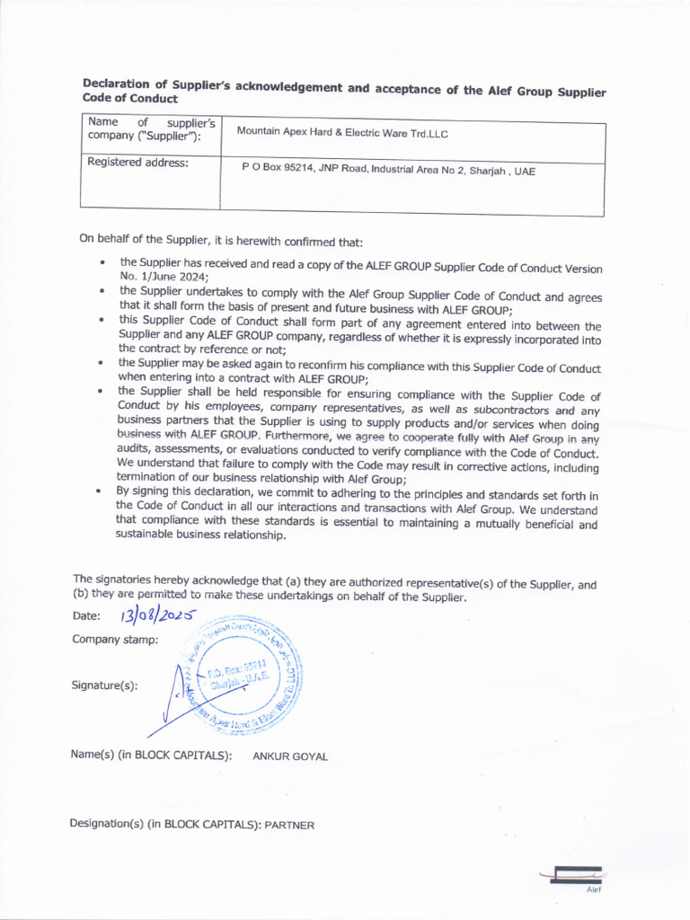 Declaration of Supplier - Alef Group-1 | PDF