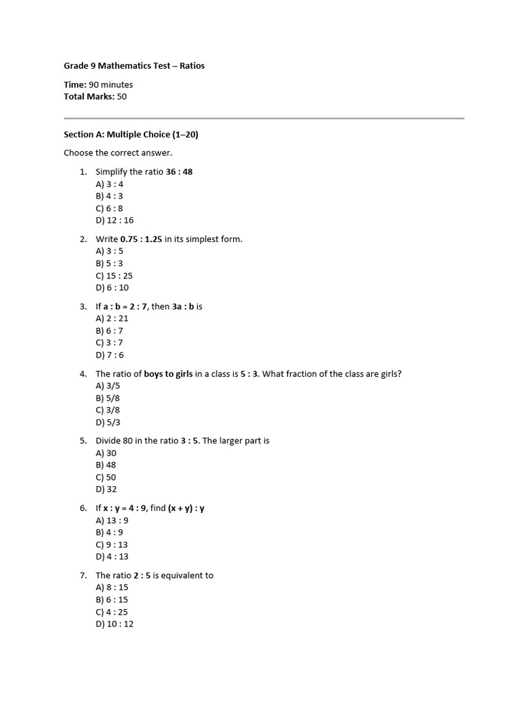 Grade 9 Mathematics Test | PDF | Ratio | Length