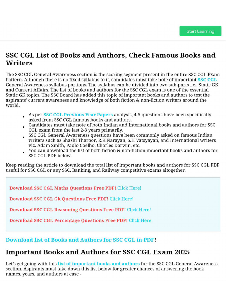 SSC CGL List of Books and Authors, Check Famous Books and Writers | PDF