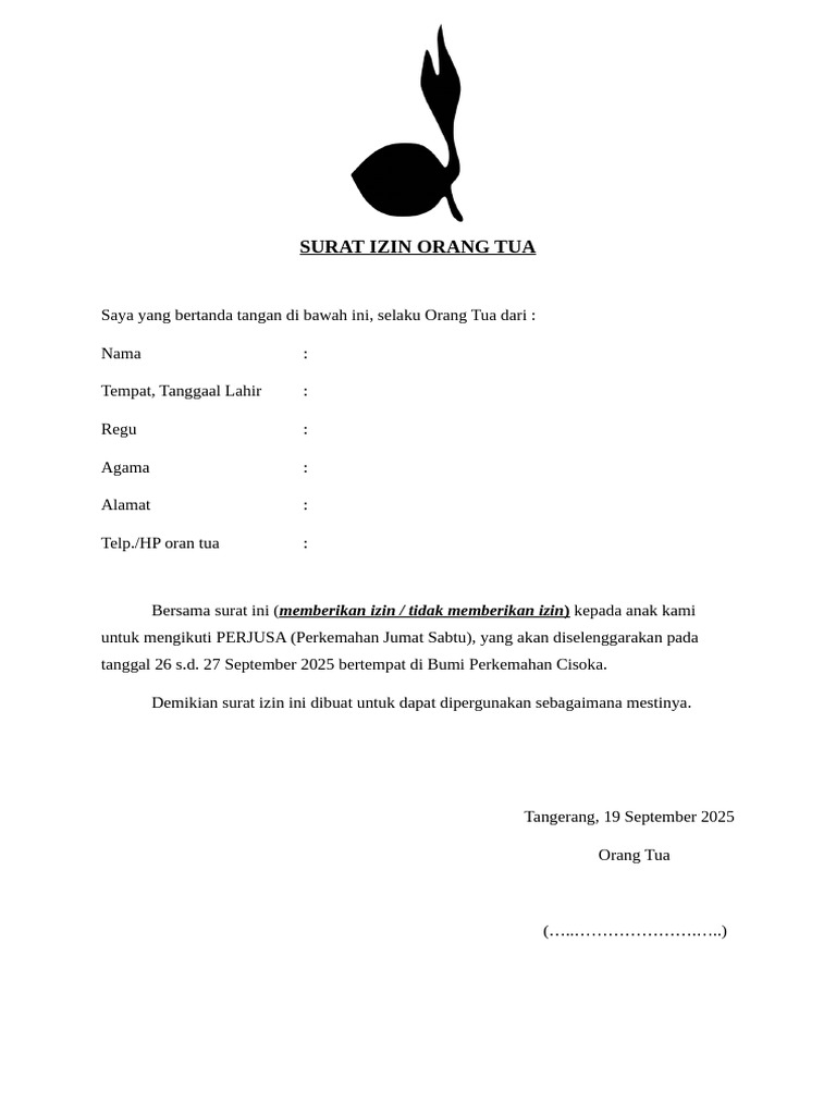 Surat Izin Orang Tua untuk Perjusa | PDF