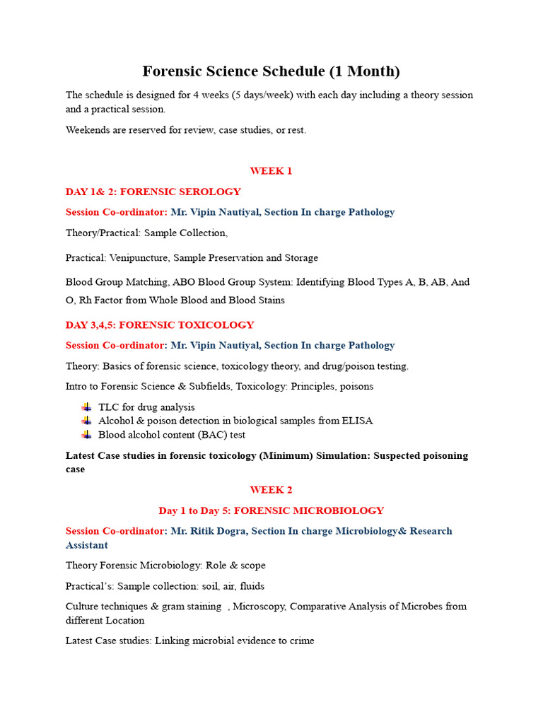 Forensic Schedule Module 2025 1 Month | PDF | Forensic Science | Dna ...