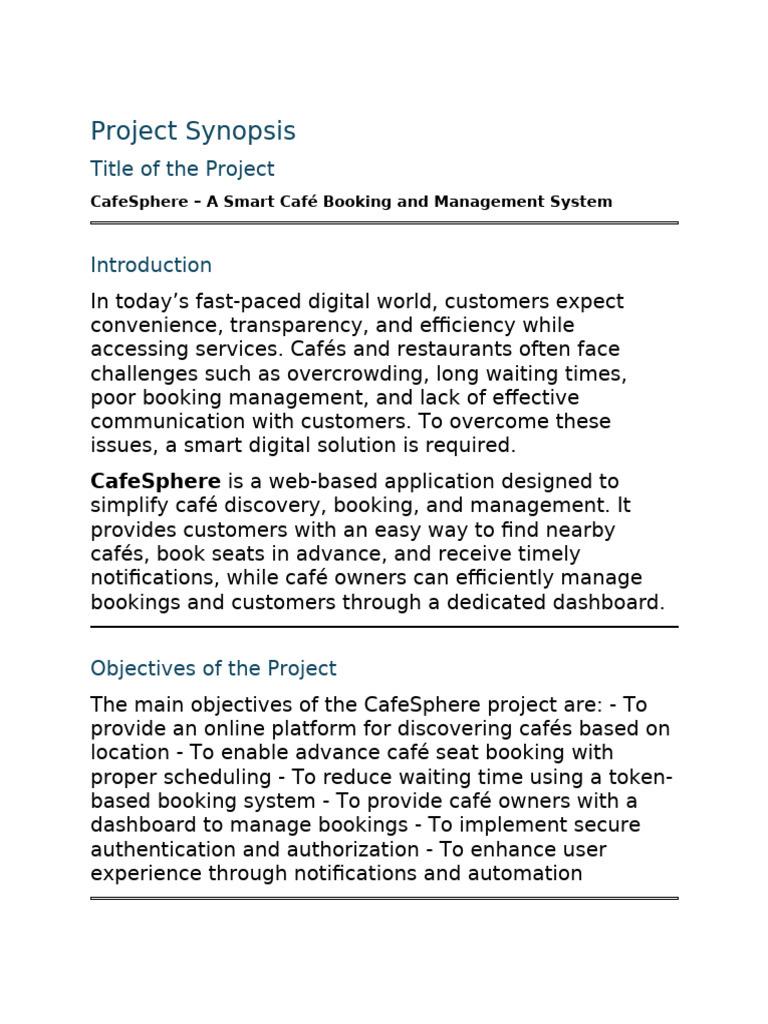 Cafe Sphere Project Synopsis | PDF | Databases | Software Engineering