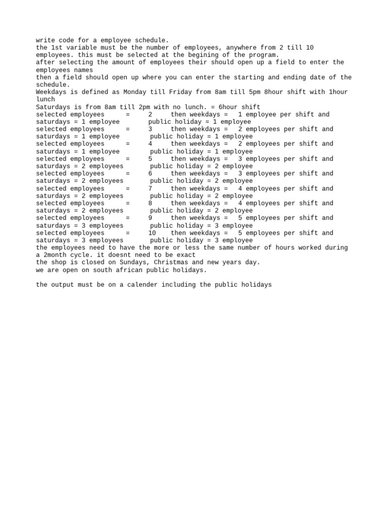 Write Code for a Employee Schedule. | PDF