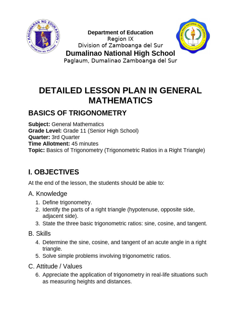 Detailed Lesson Plan in General Mathematics – Basics of Trigonometry ...