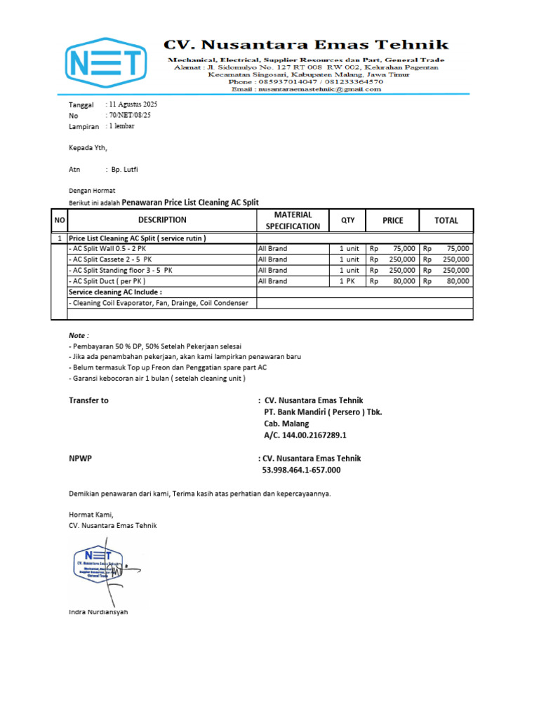 70NET0825-Penawaran Price List Cleaning AC Split | PDF