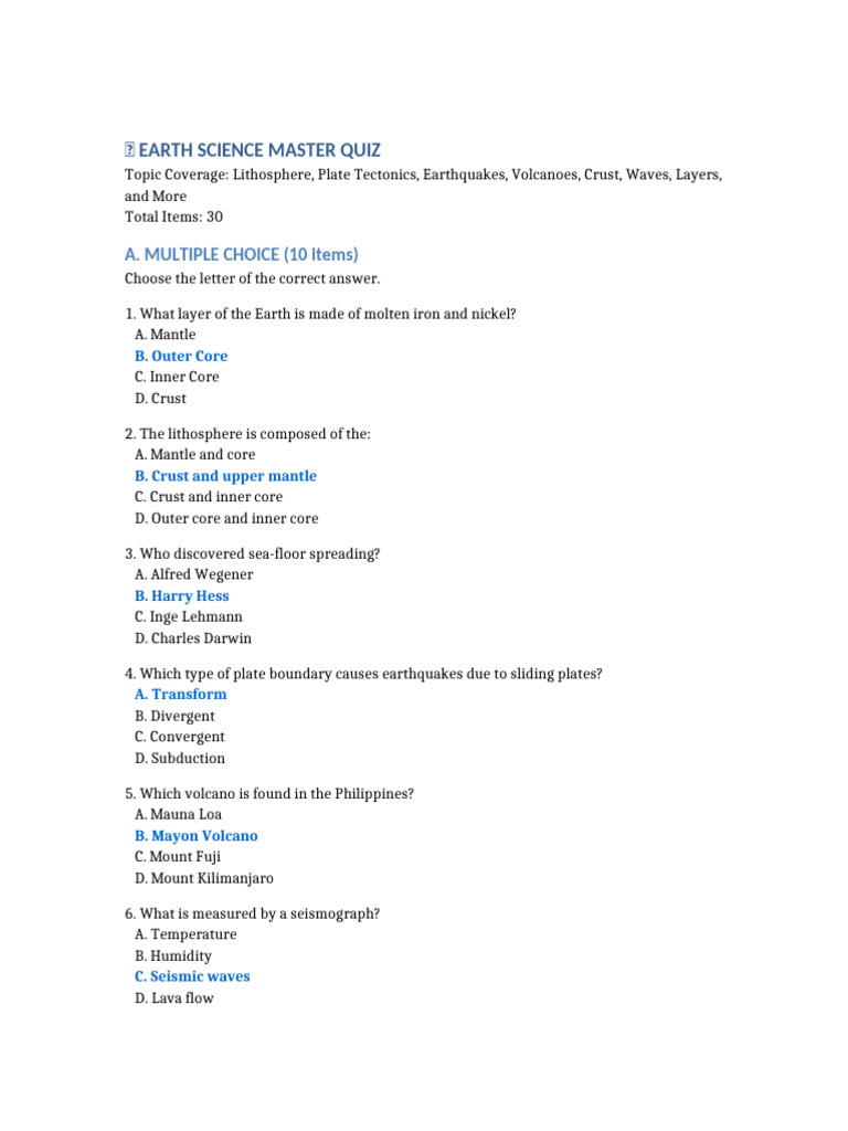Earth Science Master Quiz: Key Concepts | PDF | Plate Tectonics | Volcano