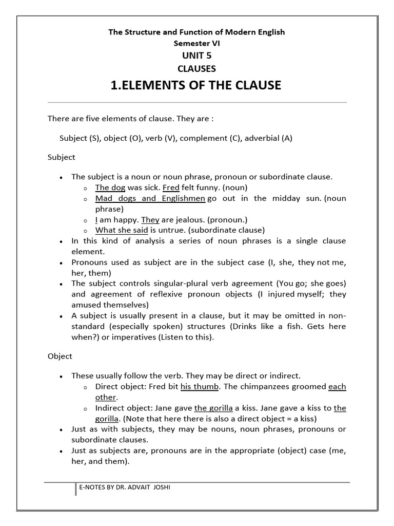 B.A. III Paper No - Xvi Elements of The Clause DR A.d.joshi | PDF ...
