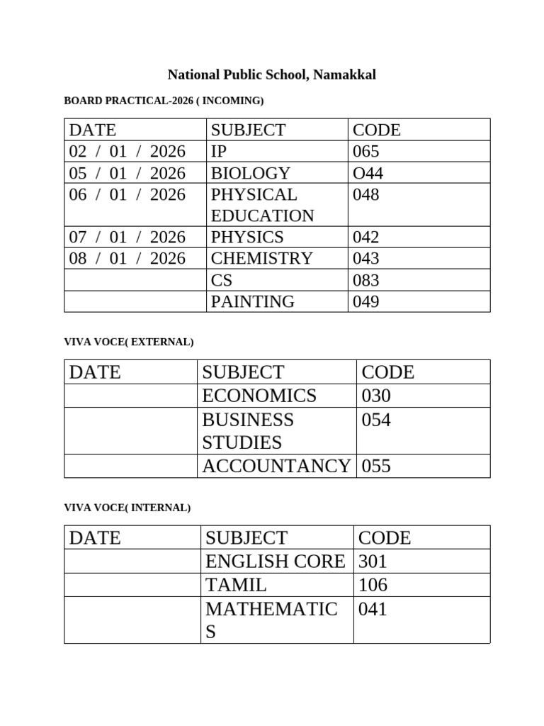 NPS Namakkal Board Practical Schedule 2026 | PDF