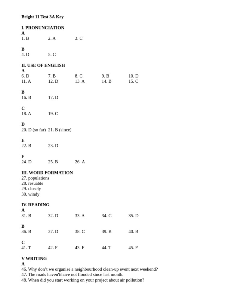 Bright 11 Test 3A Key (17-11-2022) | PDF
