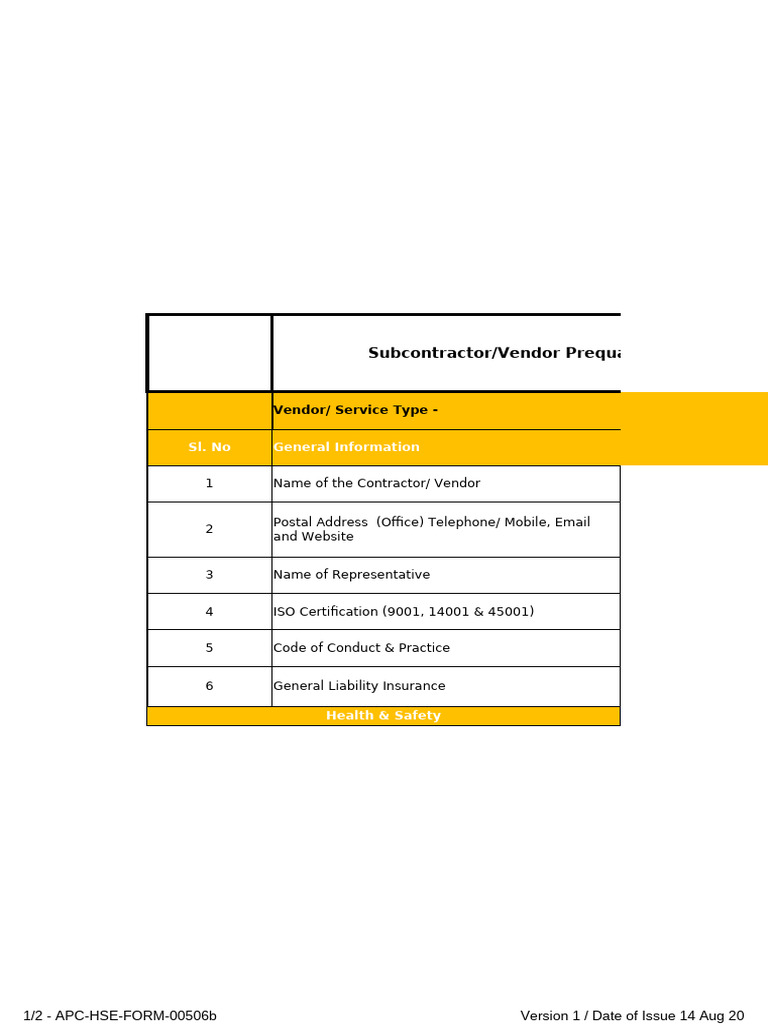 Subcontractor Prequalification Checklist | PDF | Business | Safety