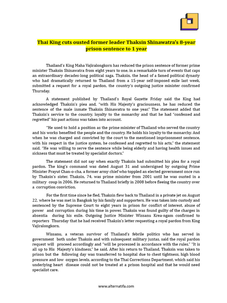 Thai King Reduces Thaksin's Sentence | PDF | Thailand | Taliban