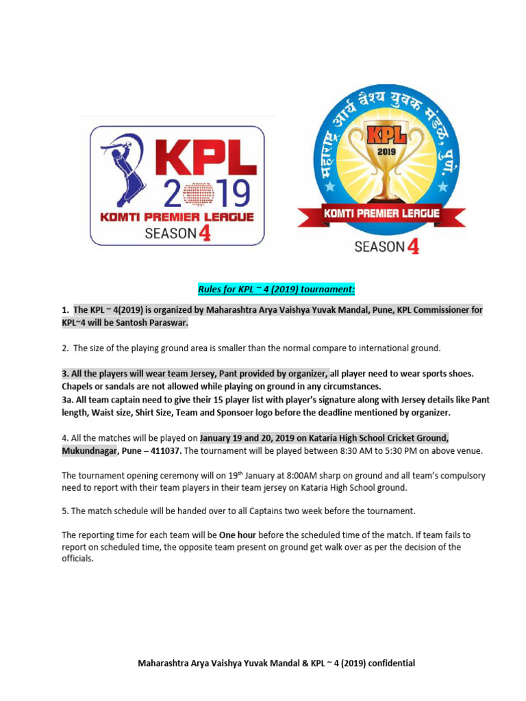 KPL-2019 Rules Book | PDF | Bowling (Cricket) | Summer Sports