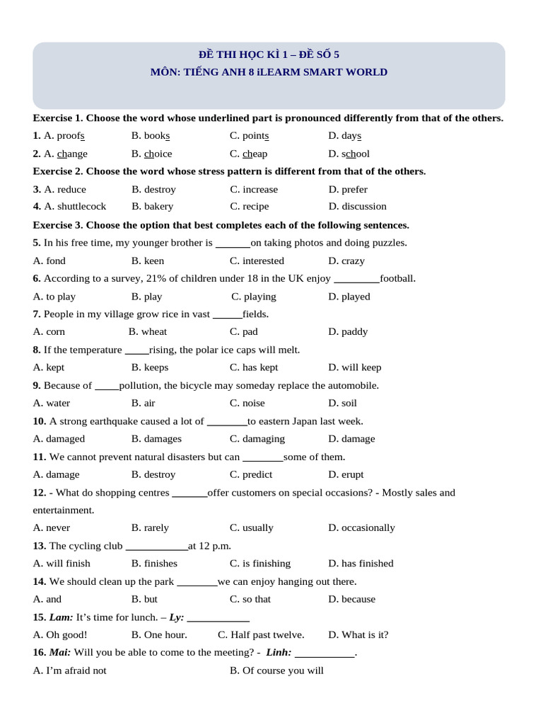 De Thi Hoc Ki 1 Tieng Anh 8 Ilearn Smart World de So 5 1702089962 | PDF ...