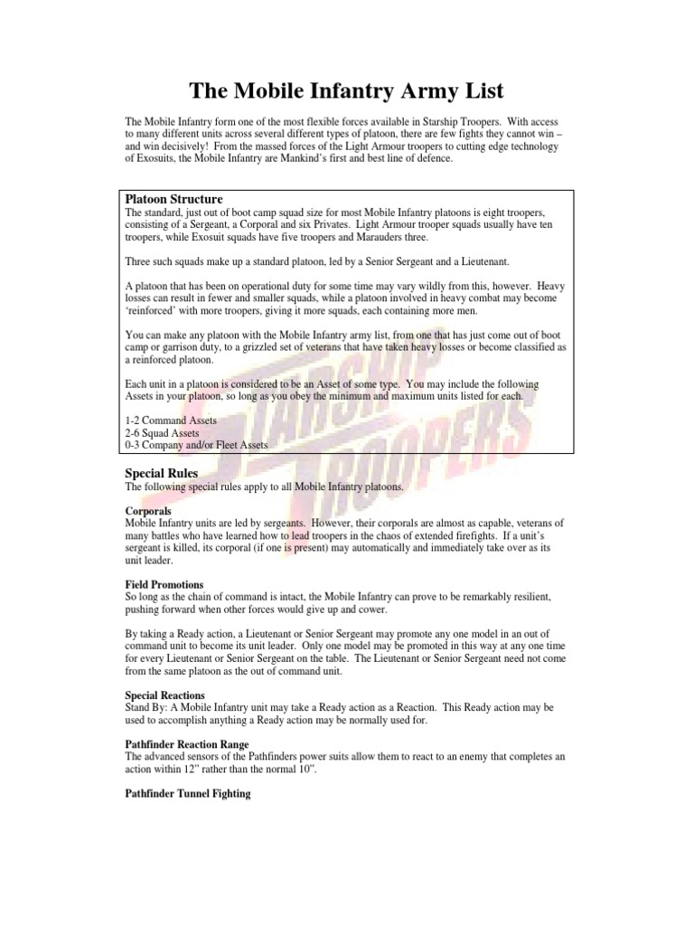 The Mobile Infantry Army List | PDF | Platoon | Company (Military Unit)