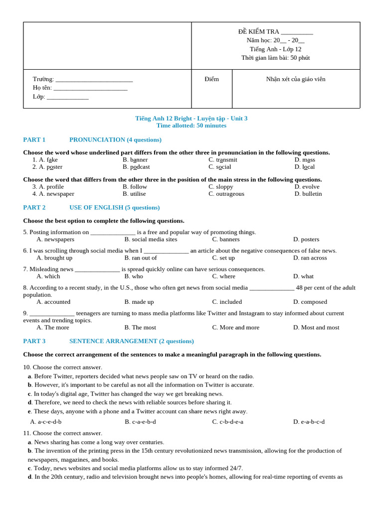 Tiếng-Anh-12-Bright-Luyện-tập-Unit-3 | PDF | News | Mass Media