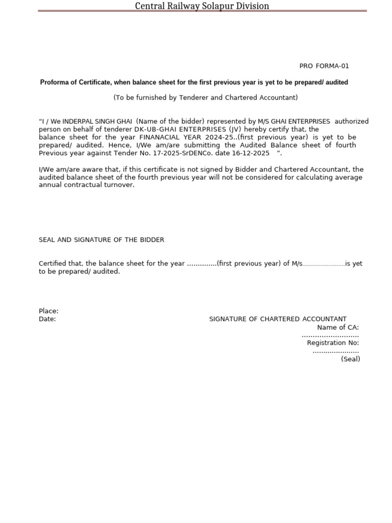 Proforma of Certificate, When Balance Sheet For The First Previous Year ...