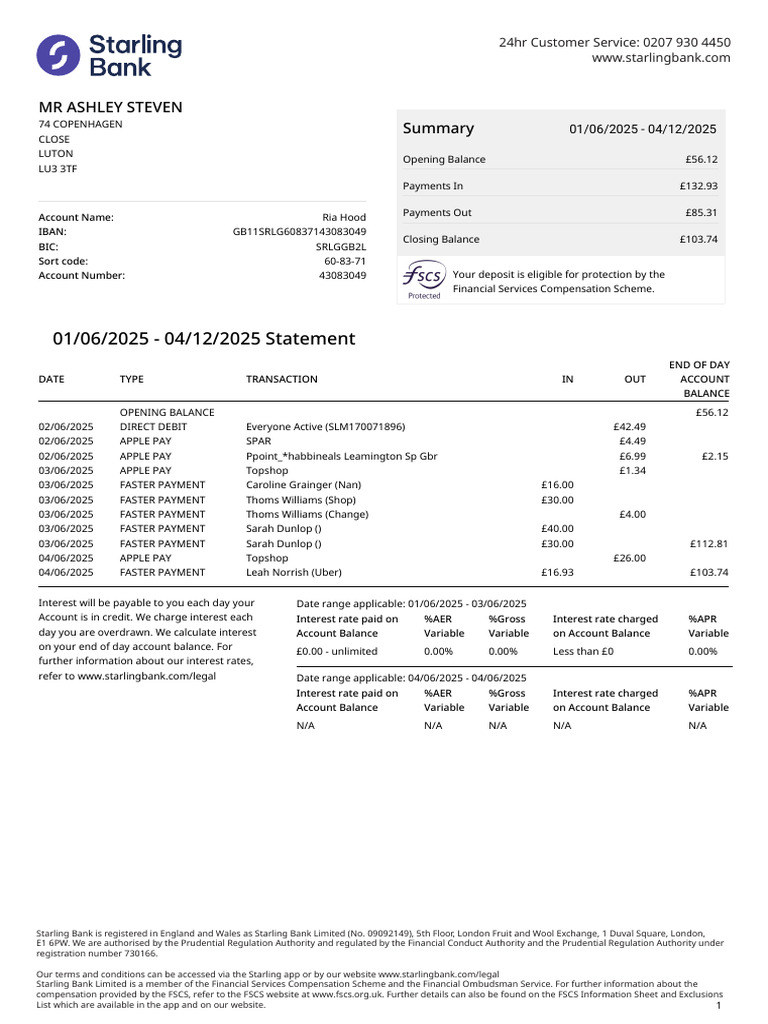StarlingStatement_2025-06_2025-06-1-Copy | PDF | Personal Finance | Money