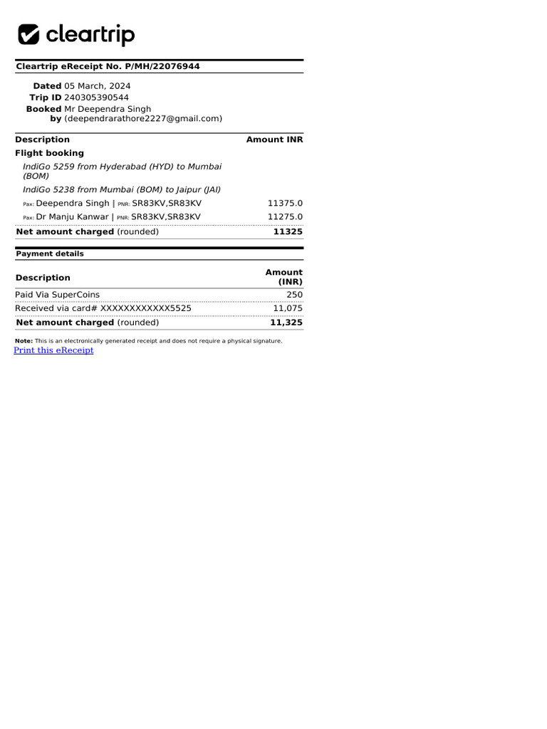 Cleartrip Flight Booking eReceipt | PDF