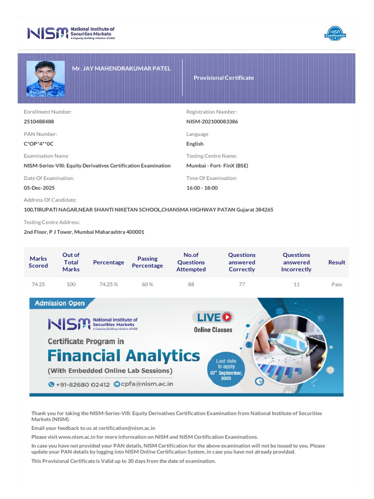 NISM Equity Derivatives Exam Certificate | PDF