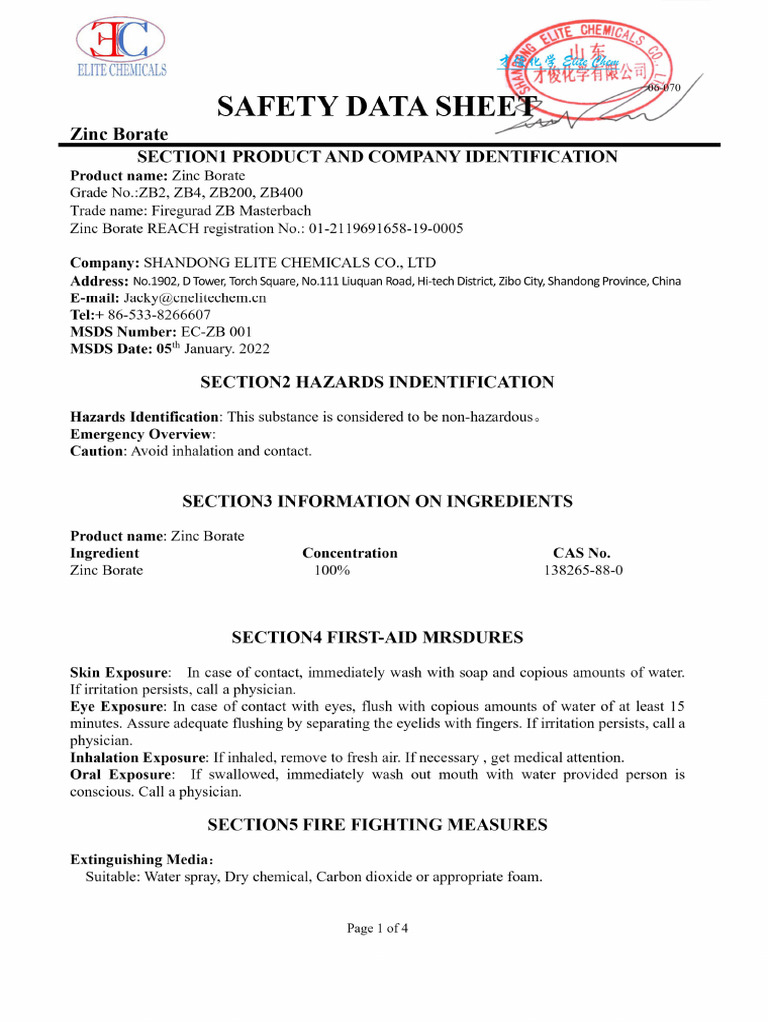 SDS-zinc Borate Shipping 2022 n' - Zinc Borate Elite MSDS | PDF