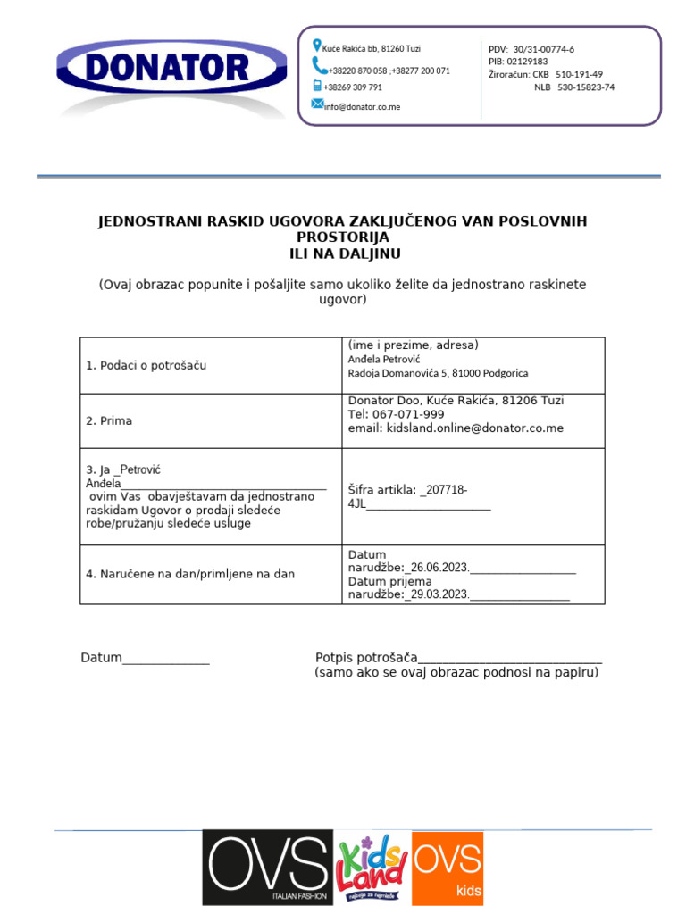 Donator Obrazac Za Jednostrani Raskid Ugovora Kidsland | PDF
