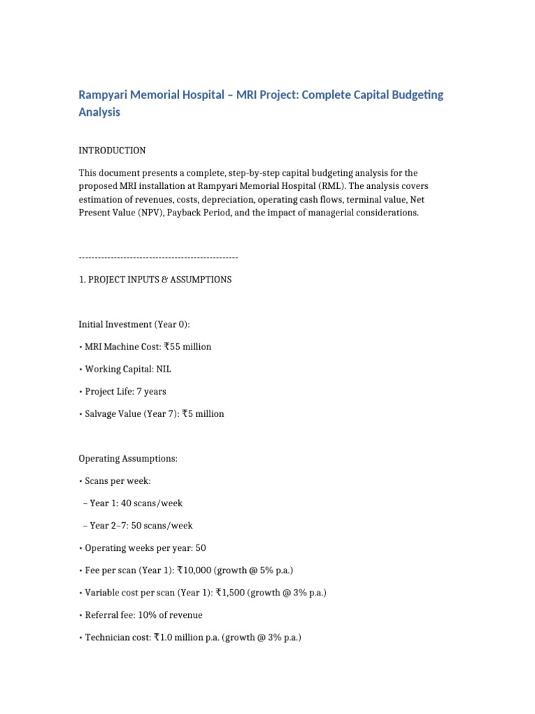 MRI Project Capital Budgeting Analysis | PDF | Capital Budgeting ...