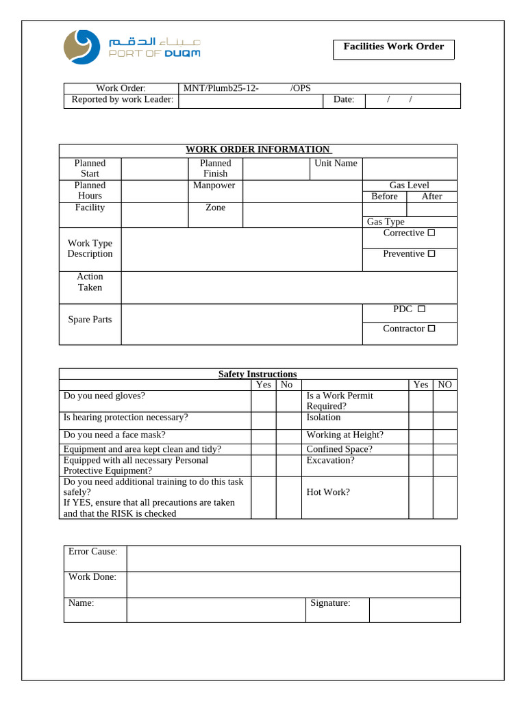 1 WO Updated Form DRAFT - CM Plumbing-1 | PDF