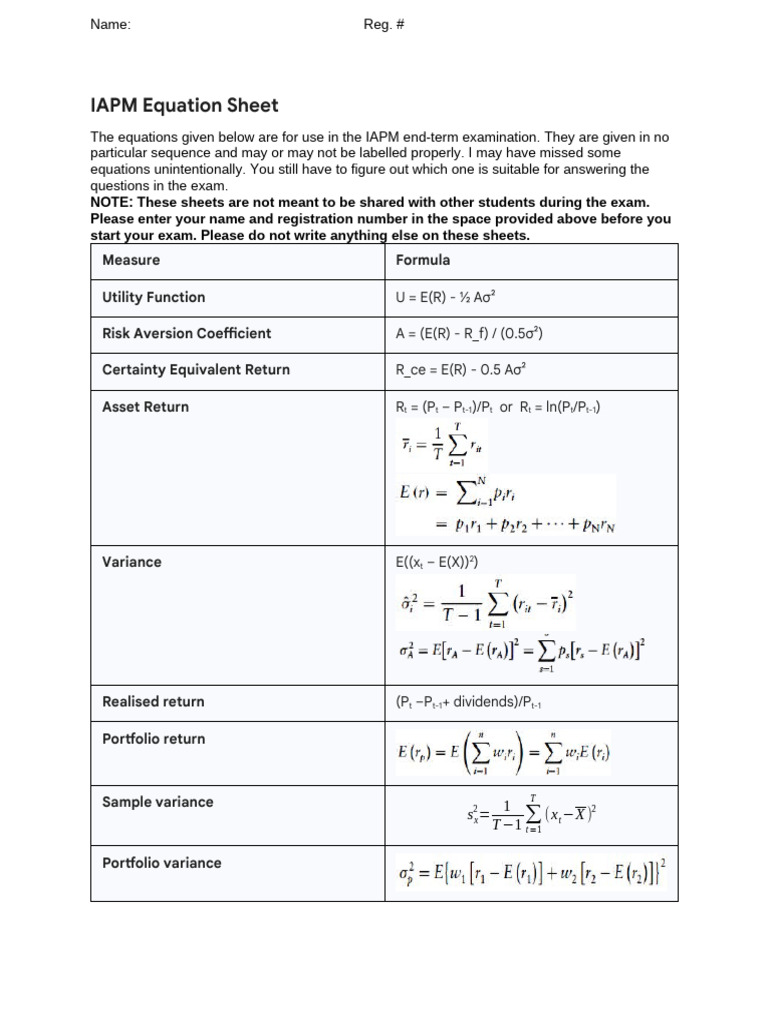 IAPM Equation Sheet | PDF | Capital Asset Pricing Model | Variance