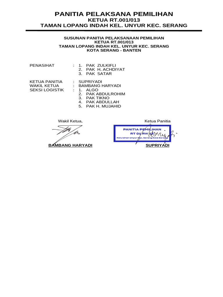 Susunan Panitia Pemilihan Ketua RT 001/013 | PDF