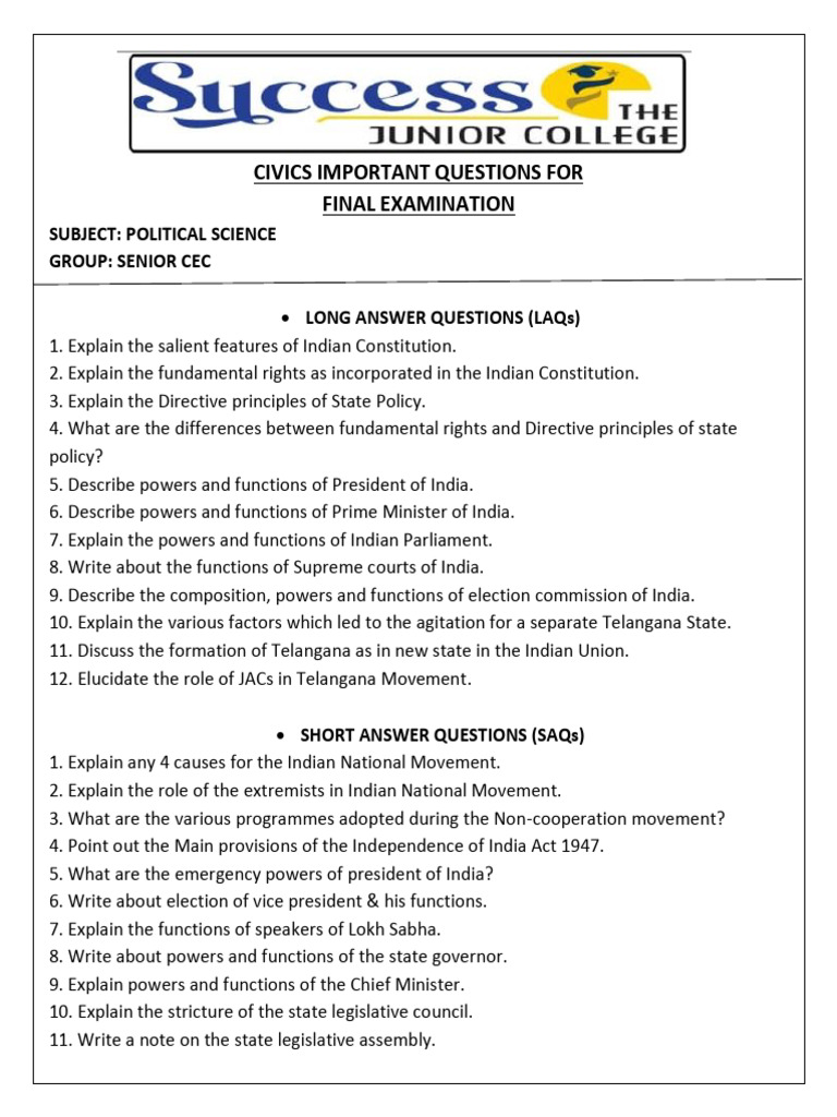 Civics Exam Questions for Political Science | PDF | Justice | Crime ...