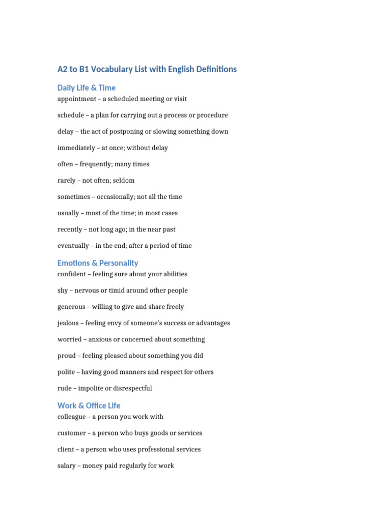 A2 To B1 Vocabulary List | PDF