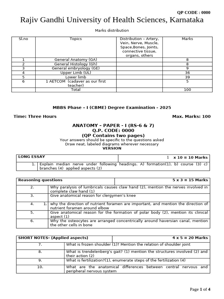 1st Internals Sample Paper -2 | PDF | Anatomy | Musculoskeletal System