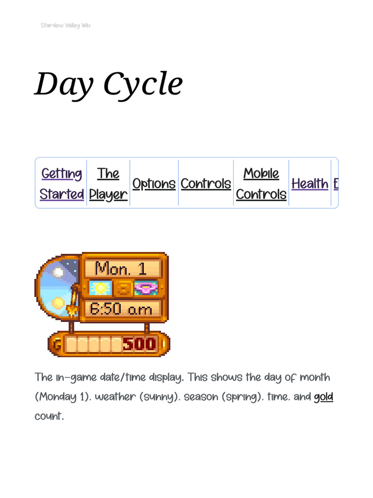 Day Cycle - Stardew Valley | PDF | Sleep