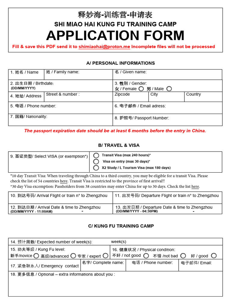 Kung Fu Training Camp Application Form | PDF | Travel Visa | Chess Openings