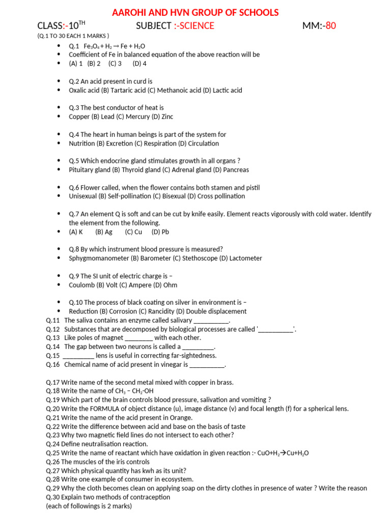80mark science paper | PDF
