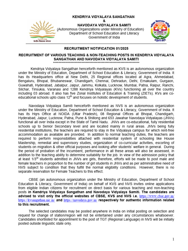 KVS NVS Teaching and Non Teaching Recruitment 2025 Notification PDF ...