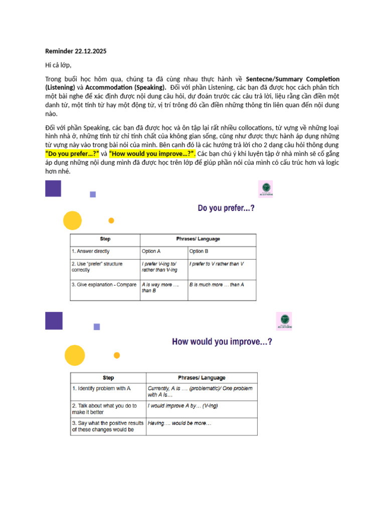 Reminder For Lesson 3 - Listening & Speaking | PDF