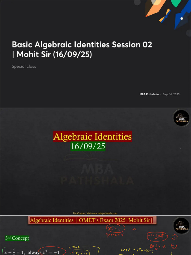 Basic Algebraic Identities Session 02 Mohit Sir 160925 With Anno | PDF