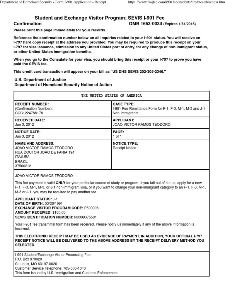 SEVIS I-901 Fee Confirmation Receipt | PDF