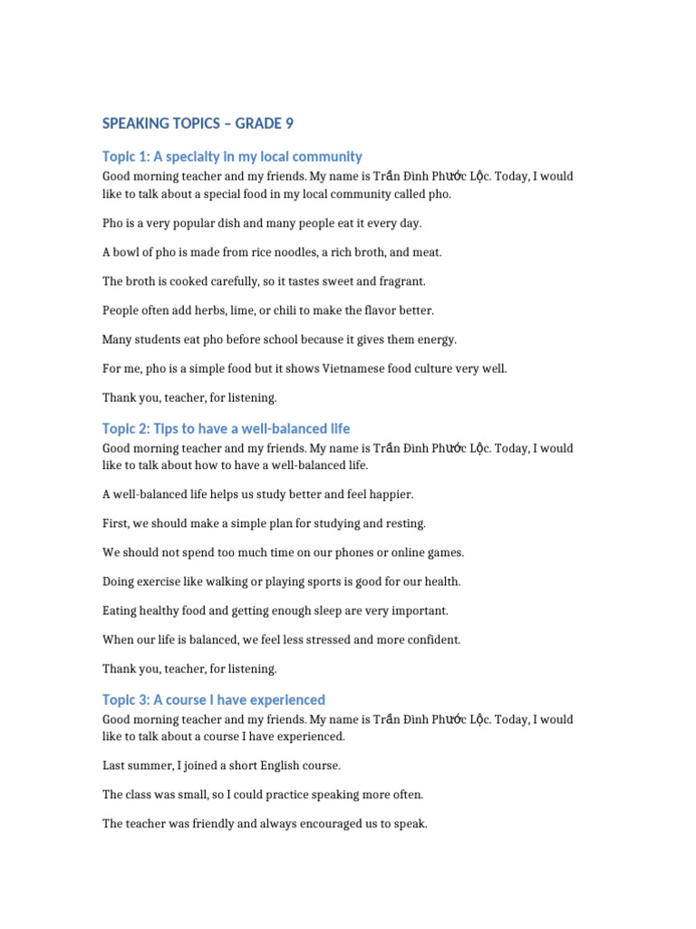 Grade 9 Speaking Topics Overview | PDF